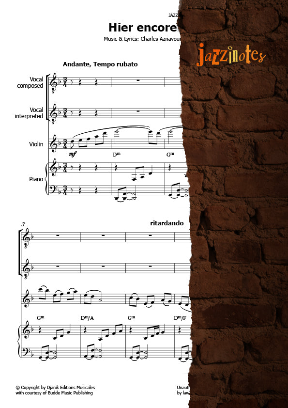 Aznavour: Hier encore - Sheet Music Download (Piano & Vocal & Violin ...